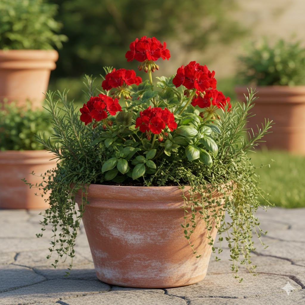 The Potted "Micro-Ecosystem": Companion Planting Geraniums with Herbs ...